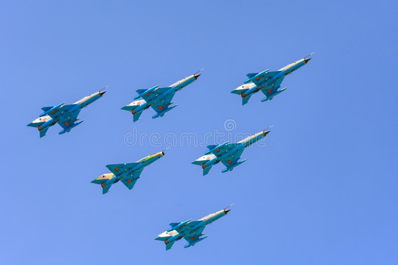 MiG-21 Lancer Air Force Team Formation. Fighter Jet Plane Editorial ...