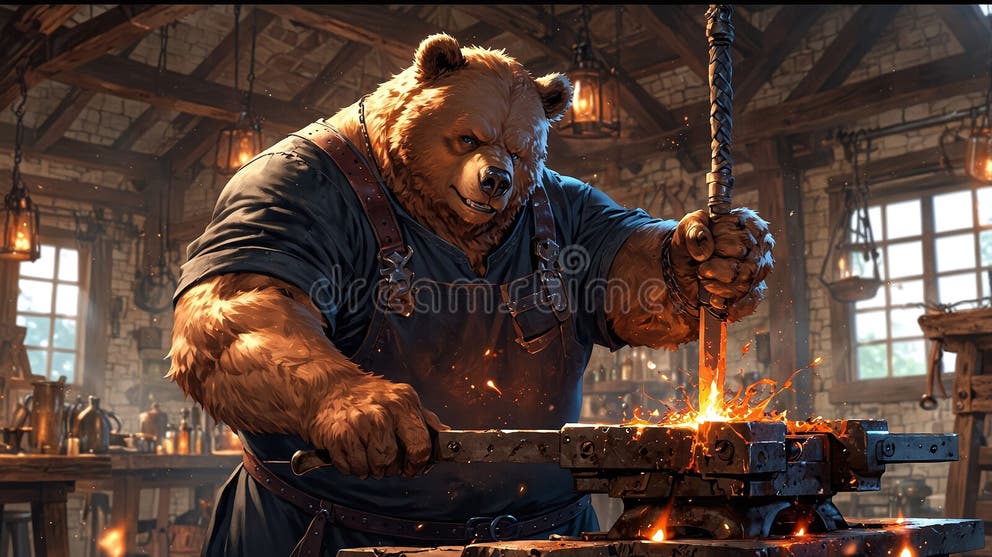 Mighty Anime Bear Blacksmith Forging Sword in Medieval Workshop Stock ...