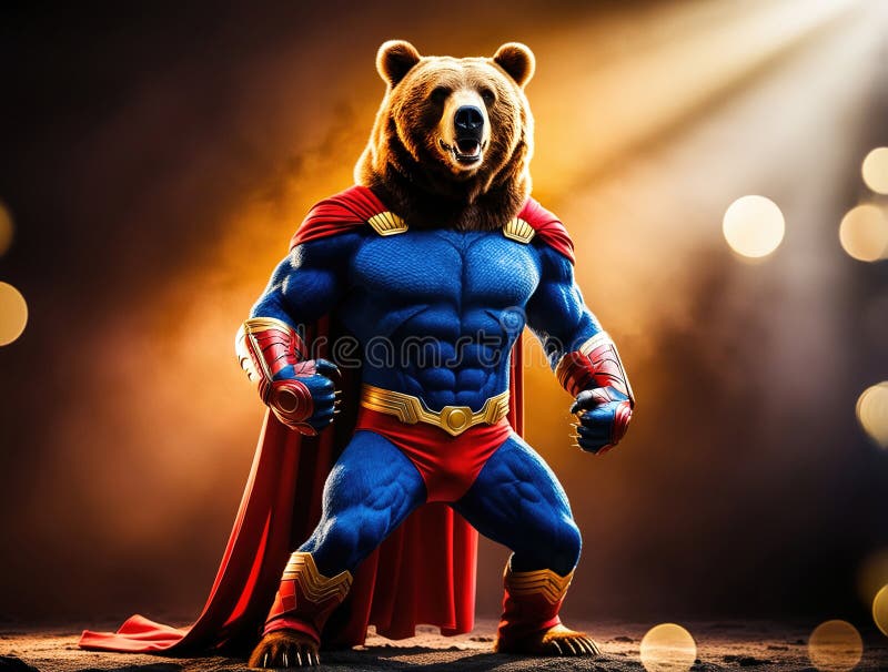A Mighty Bear Dressed As a Superhero, Wearing a Red Cape, is Posed ...