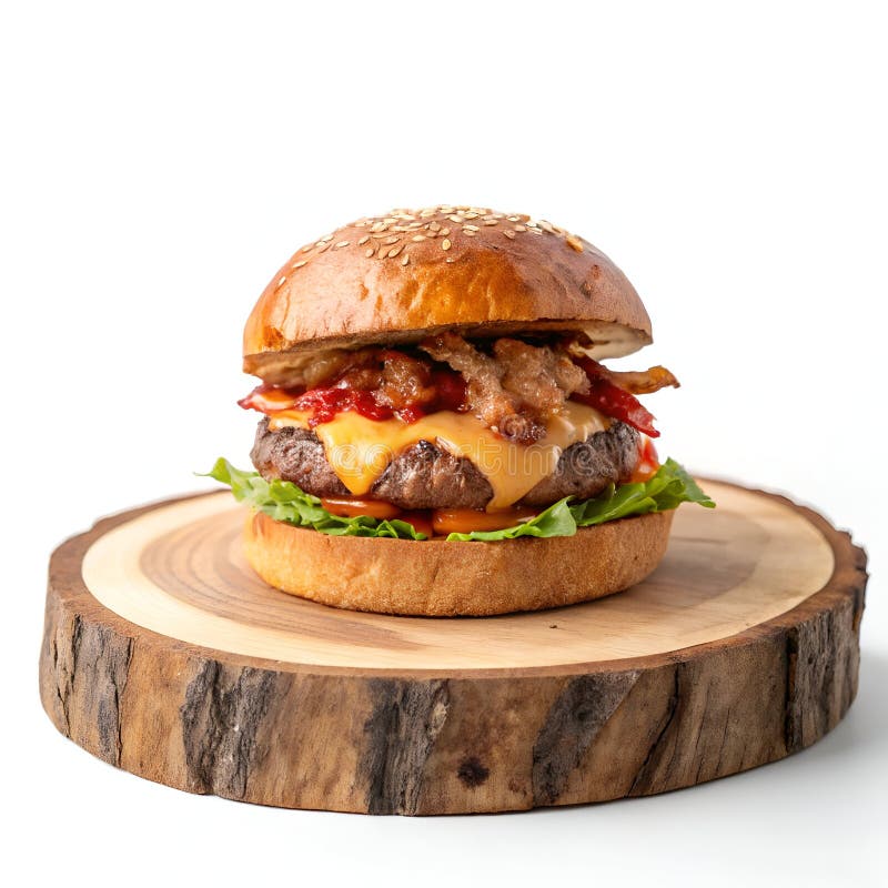 A Mighty Burger on Rounded Wooden Piece Isolated on White Background ...