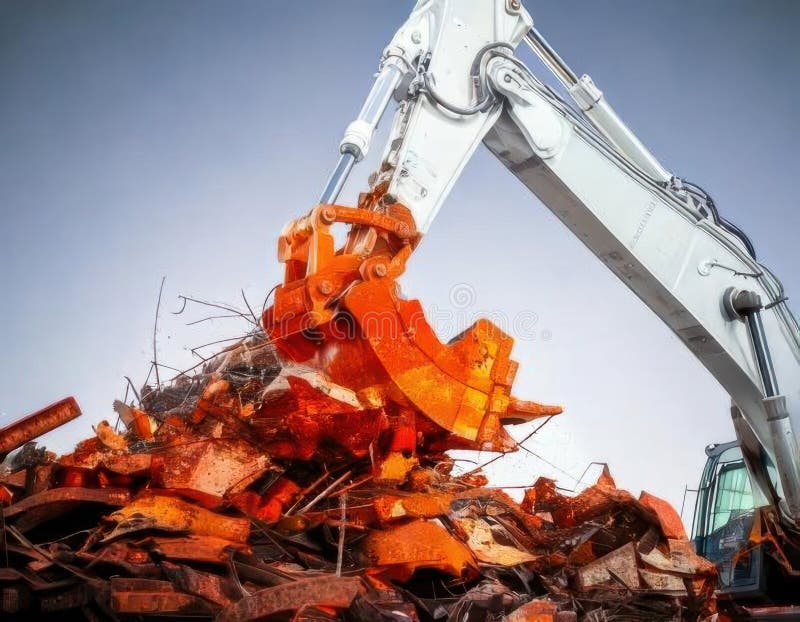 Mighty Excavator Arm with Orange Peel Grapple Crushing Rusty Scrap ...