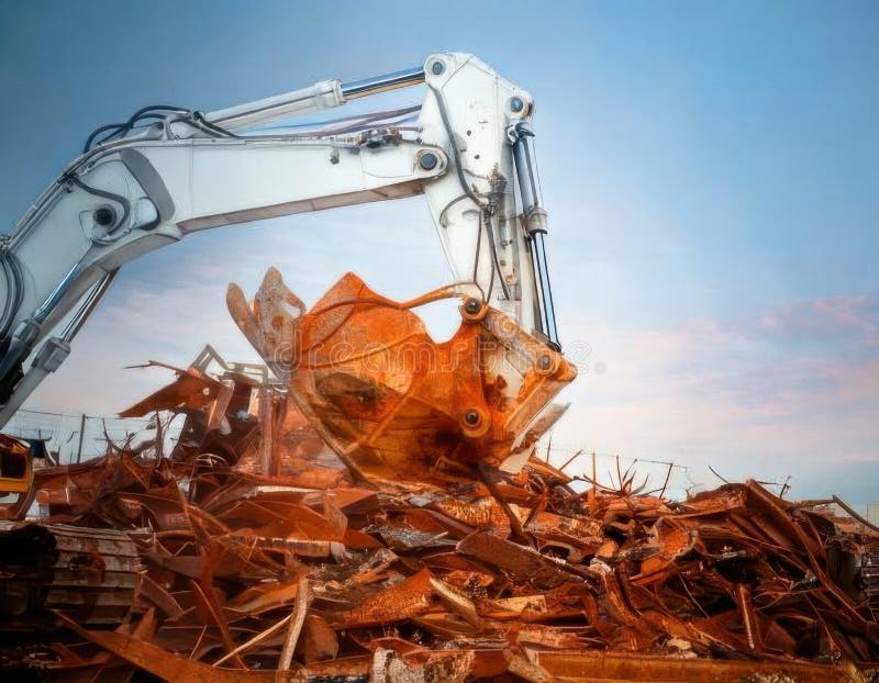 Mighty Excavator Arm with Orange Peel Grapple Crushing Rusty Scrap ...