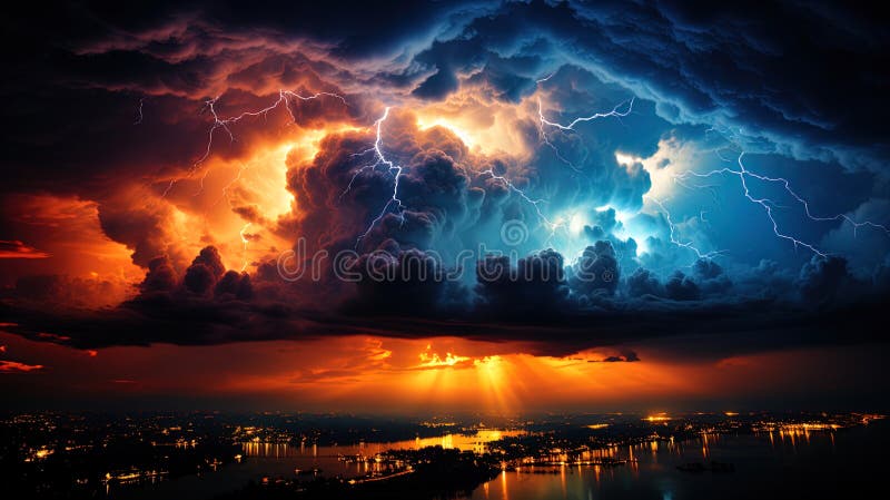 Mighty Lightning Dissect the Night Sky, Like Flames in Dark Great Stock ...