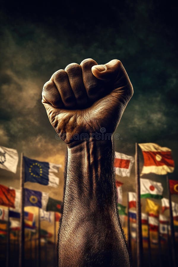 Mighty Man S Fist Raised Behind, Multiple Flags of the World Stock ...