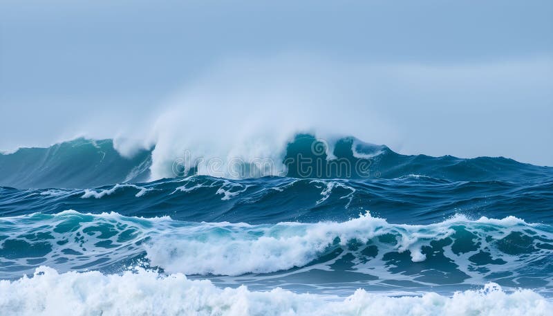 Mighty Ocean Waves Crashing on the Shoreline with Great Force Stock ...