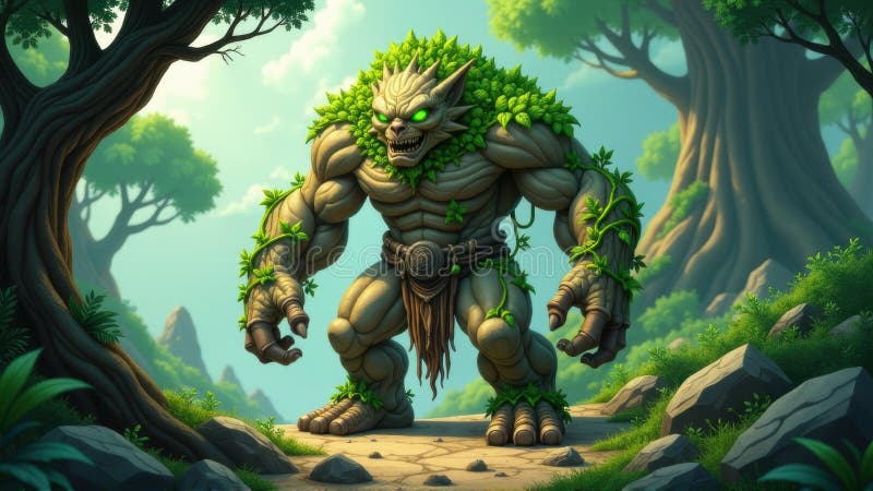 Mighty Stone Golem in Lush Forest Stock Illustration - Illustration of ...