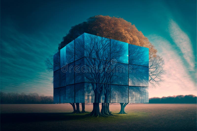 A Mighty Tree in the Fields is Shielded by a Wall of Blue Squares ...