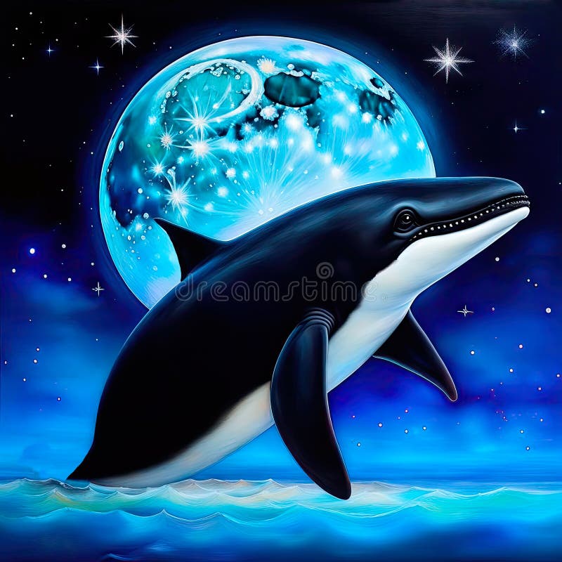 A Mighty Whale Jumps Out of the Water in the Ocean at Night on a Full ...