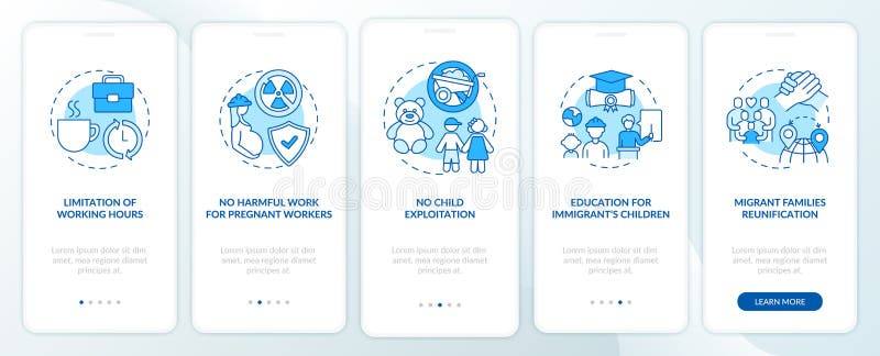 Migrant Workers Rights Blue Onboarding Mobile App Page Screen with ...