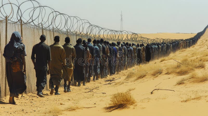 Migrants Walking Along Border Fence in Desert Environment with Barbwire ...