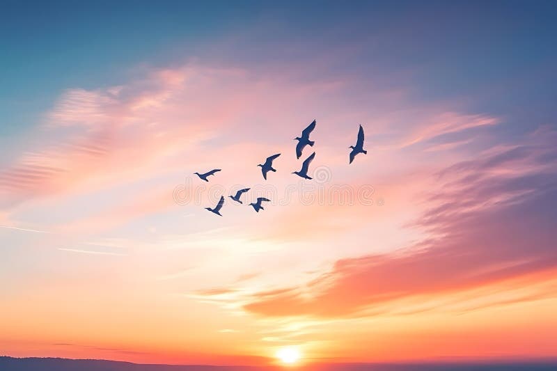 Migrating Birds Flying at Sunset Stock Photo - Image of waterbird ...