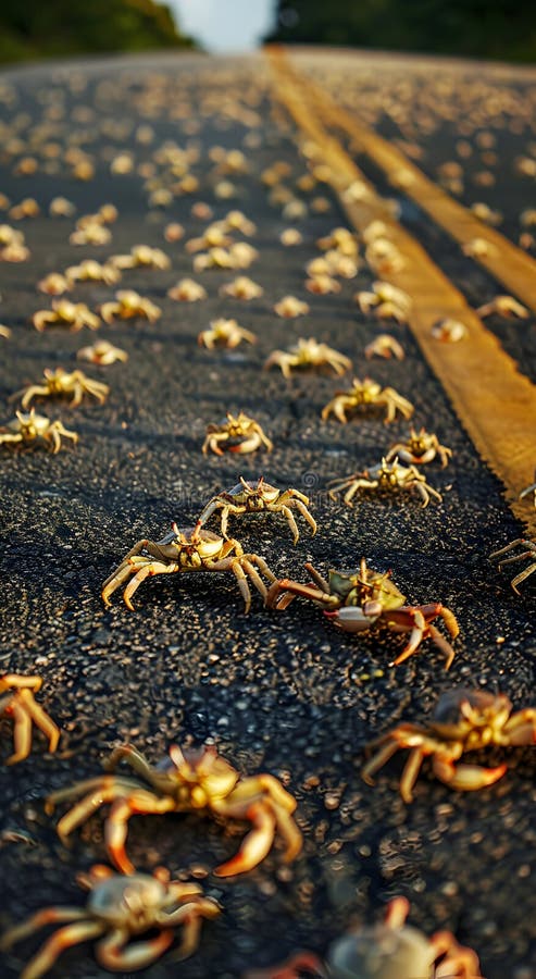 Migration of Crabs. Lots of Small Crabs Crossing a Paved Road Stock ...