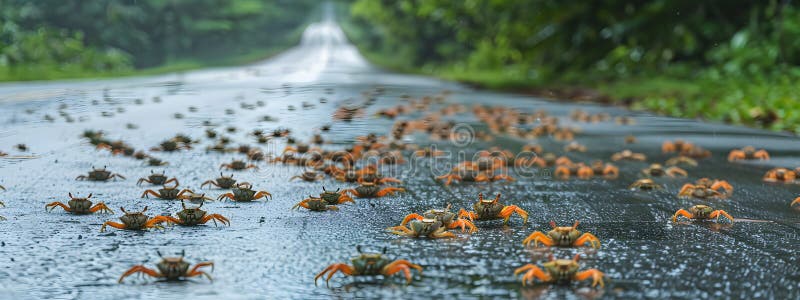 Migration of Crabs. Lots of Small Crabs Crossing a Paved Road Stock ...