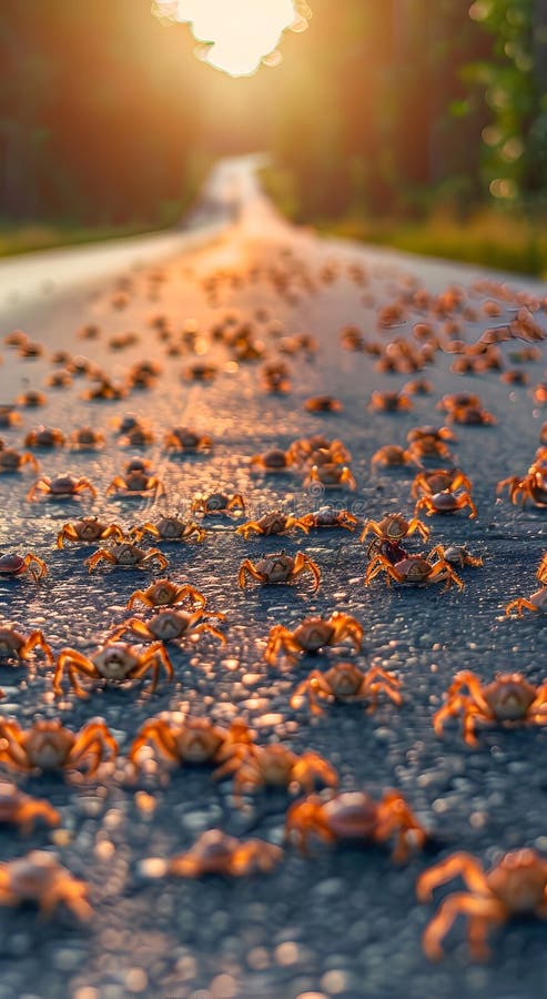 Migration of Crabs. Lots of Small Crabs Crossing a Paved Road Stock ...