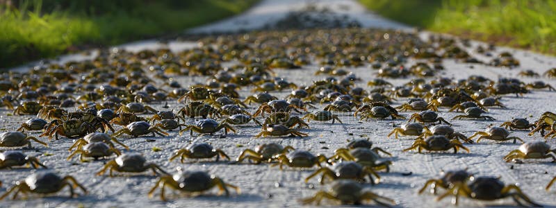 Migration of Crabs. Lots of Small Crabs Crossing a Paved Road Stock ...
