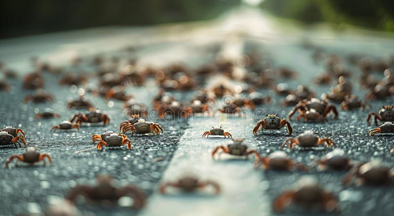 Migration of Crabs. Lots of Small Crabs Crossing a Paved Road Stock ...
