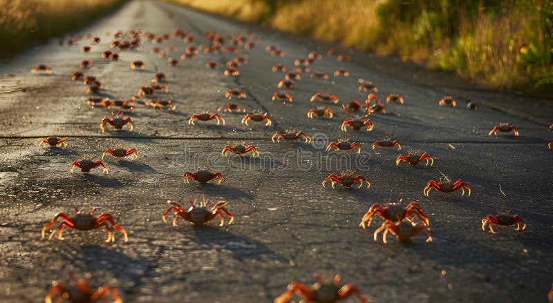 Migration of Crabs. Lots of Small Crabs Crossing a Paved Road Stock ...