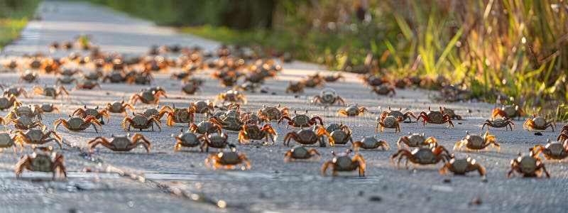 Migration of Crabs. Lots of Small Crabs Crossing a Paved Road Stock ...