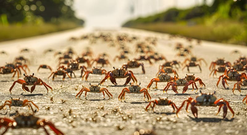 Migration of Crabs. Lots of Small Crabs Crossing a Paved Road Stock Photo - Image of iridescent ...