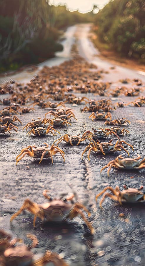 Migration of Crabs. Lots of Small Crabs Crossing a Paved Road Stock ...