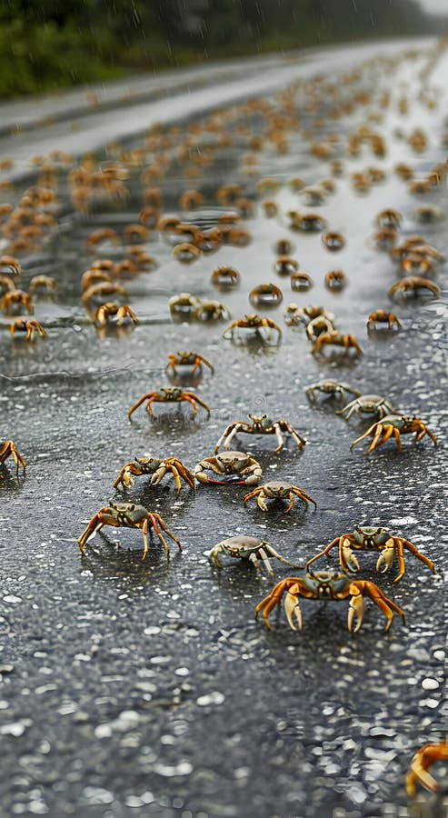 Migration of Crabs. Lots of Small Crabs Crossing a Paved Road Stock ...