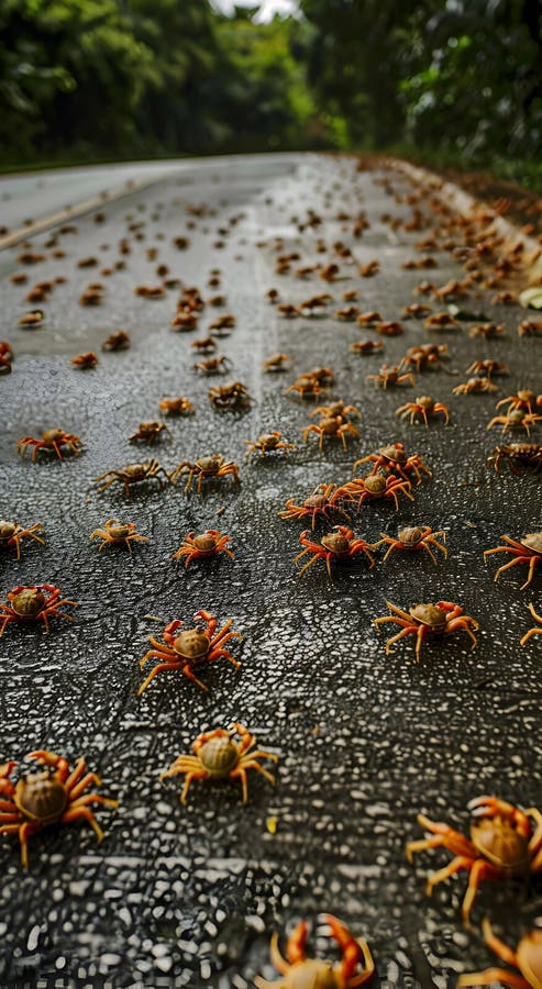 Migration of Crabs. Lots of Small Crabs Crossing a Paved Road Stock ...