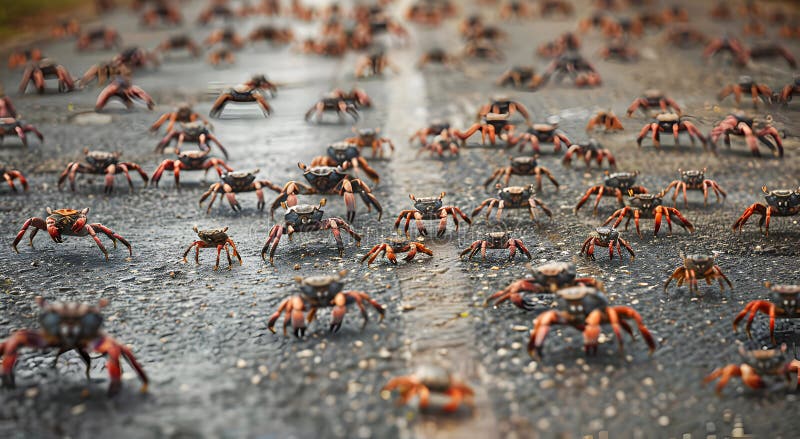 Migration of Crabs. Lots of Small Crabs Crossing a Paved Road Stock ...