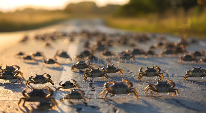Migration of Crabs. Lots of Small Crabs Crossing a Paved Road Stock ...