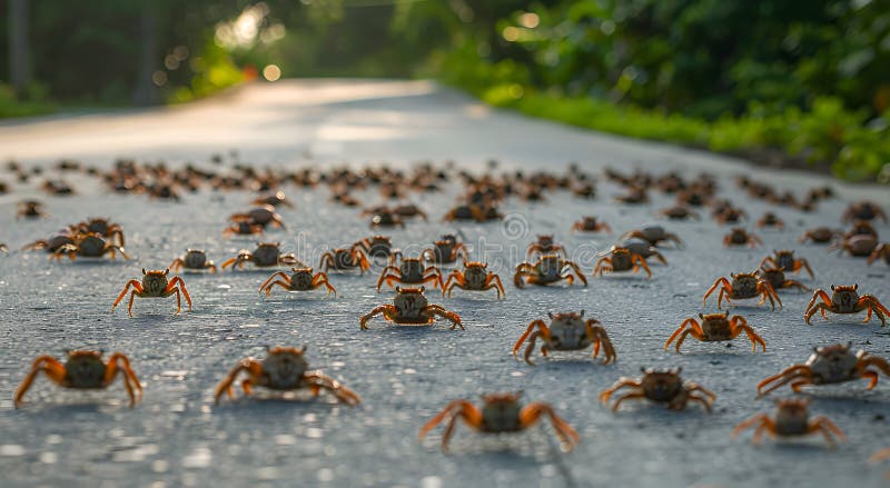 Migration of Crabs. Lots of Small Crabs Crossing a Paved Road Stock ...