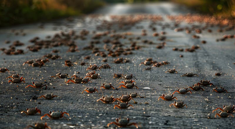 Migration of Crabs. Lots of Small Crabs Crossing a Paved Road Stock ...