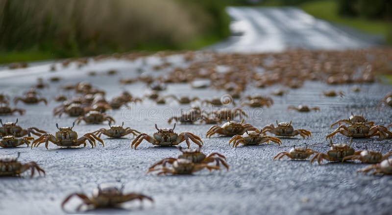 Migration of Crabs. Lots of Small Crabs Crossing a Paved Road Stock ...