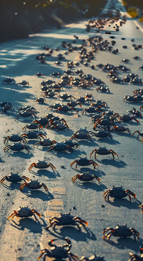 Migration of Crabs. Lots of Small Crabs Crossing a Paved Road Stock ...