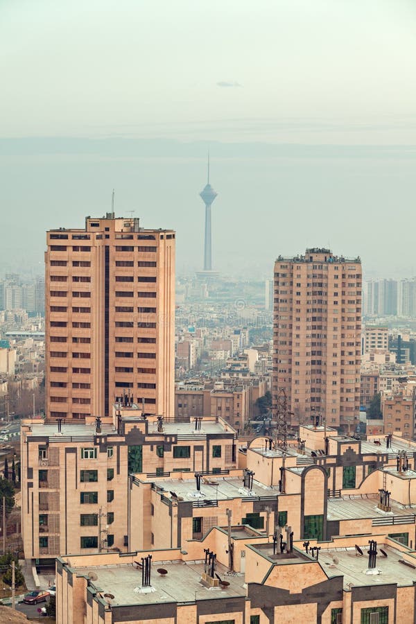 Milad Tower between Two Skyscrapers in the Skyline of Tehran Stock ...