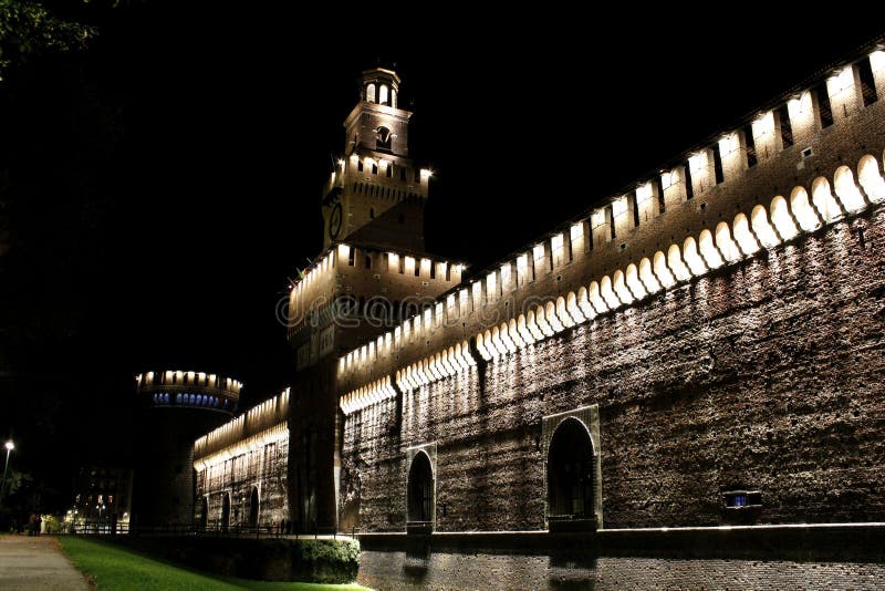 The Milan Castle at Night Main Tower Entrance Stock Image - Image of ...