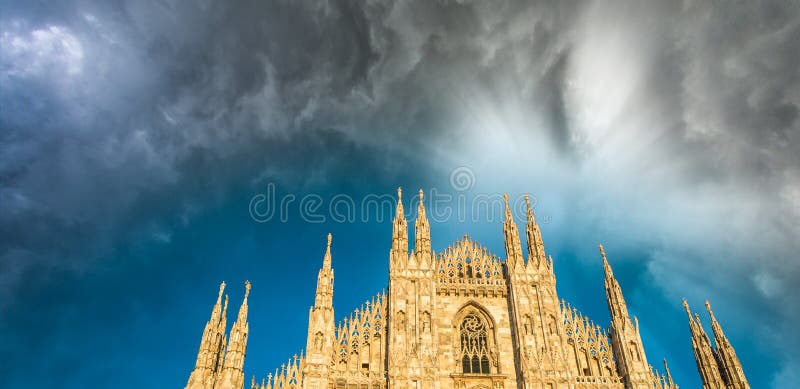 Milan, Italy. Duomo Cathedral Facade at Sunset Stock Image - Image of ...