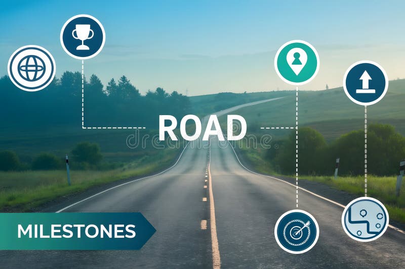 Milestone Visualization on a Road Journey with Icons Symbolizing ...