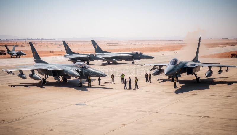 Military Airbase with Several Parked Jets, Ground Crew Preparing for ...