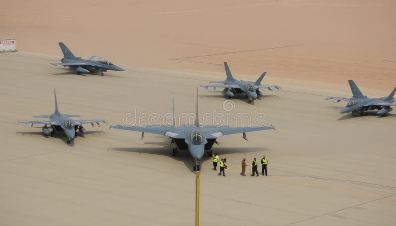 Military Airbase with Several Parked Jets, Ground Crew Preparing for ...