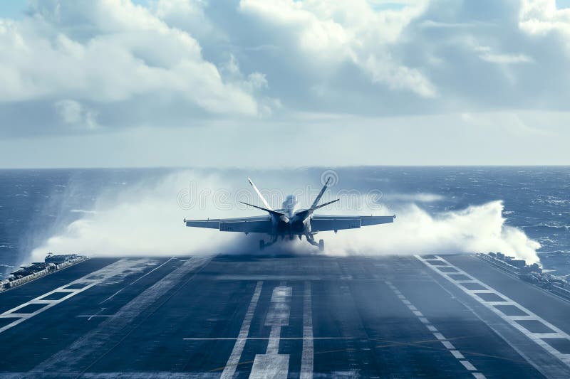 Military Aircraft Launches from Carrier Deck in Open Waters. Launch from the Nuclear Aircraft ...