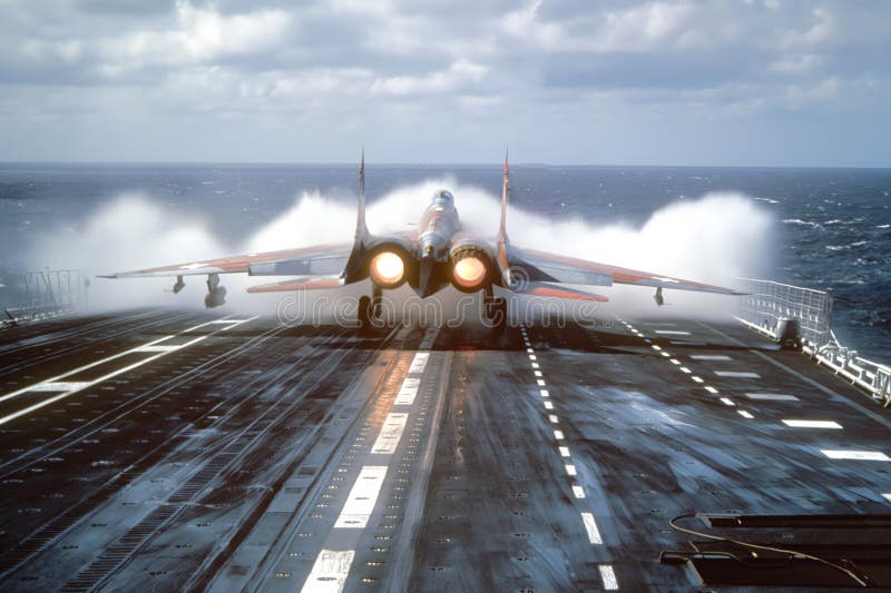Military Aircraft Launches from Carrier Deck in Open Waters. Launch from the Nuclear Aircraft ...