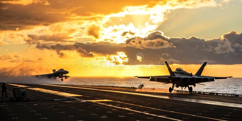 Military Aircraft before Take-off from Aircraft Carrier on Dramatic ...