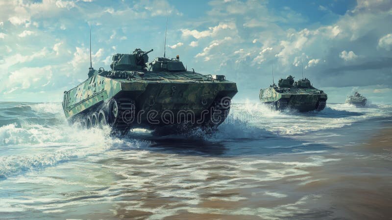 Military Amphibious Vehicles Disembarking from the Ocean for Tactical ...