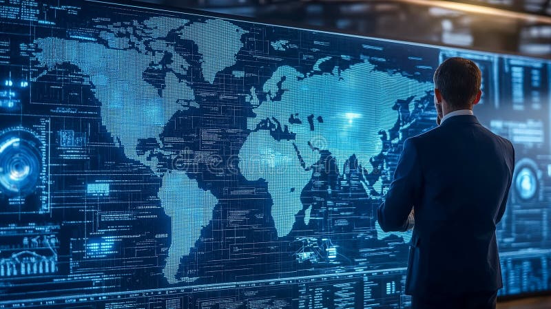 Military Analyst Observing Digital World Map on Large Screen in High ...