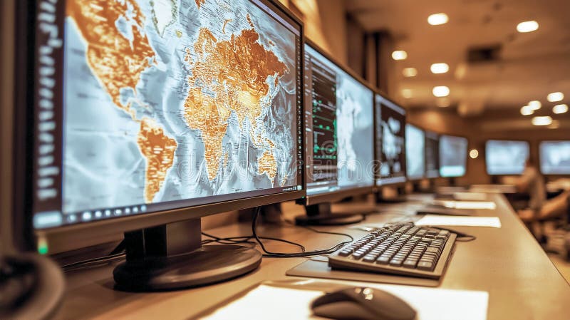A Military Analyst Sits at a High-tech Workstation Stock Illustration ...