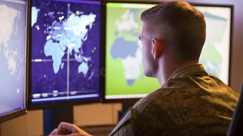 A Military Analyst Sits at a High-tech Workstation Stock Illustration ...