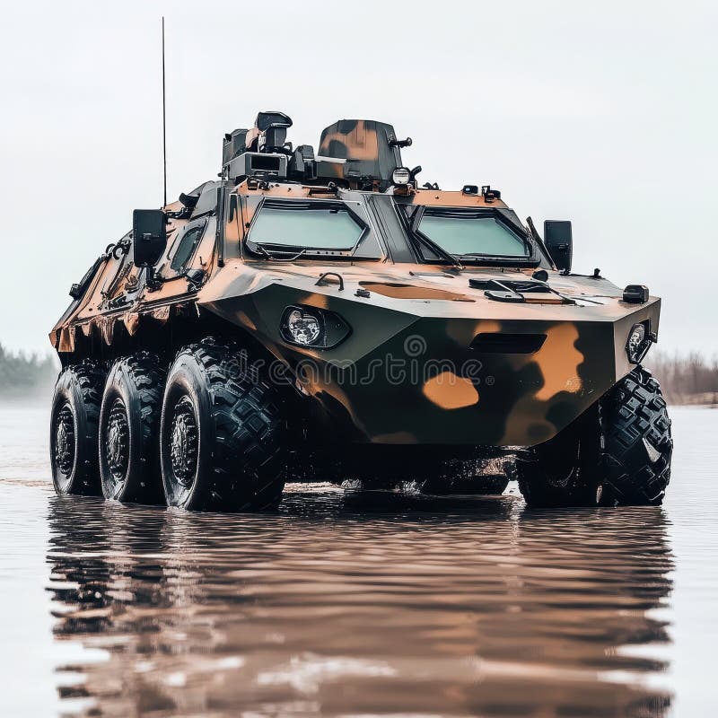 A Military Armored Vehicle Navigating through Shallow Water Stock ...