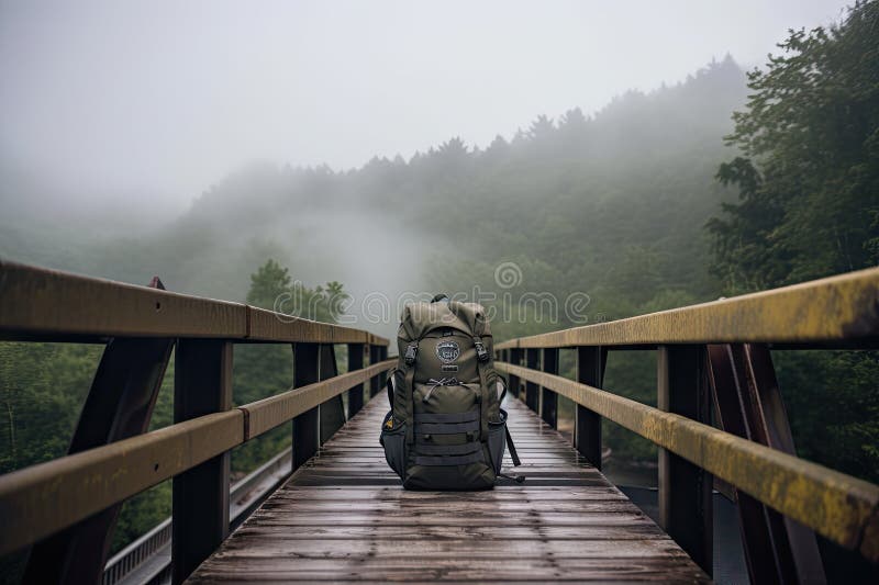 Military Backpack on Bridge, Surrounded by Misty Mountains and Rolling ...