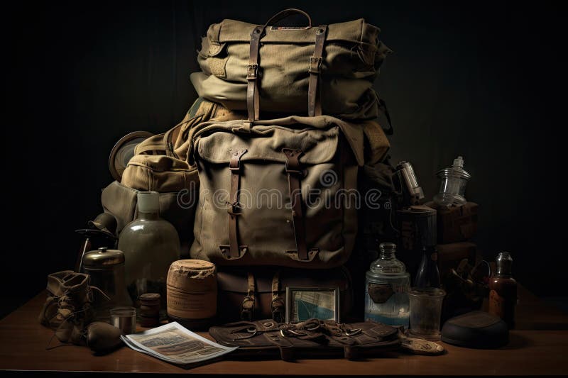 Military Backpack, with a Collection of Objects, Representing the ...