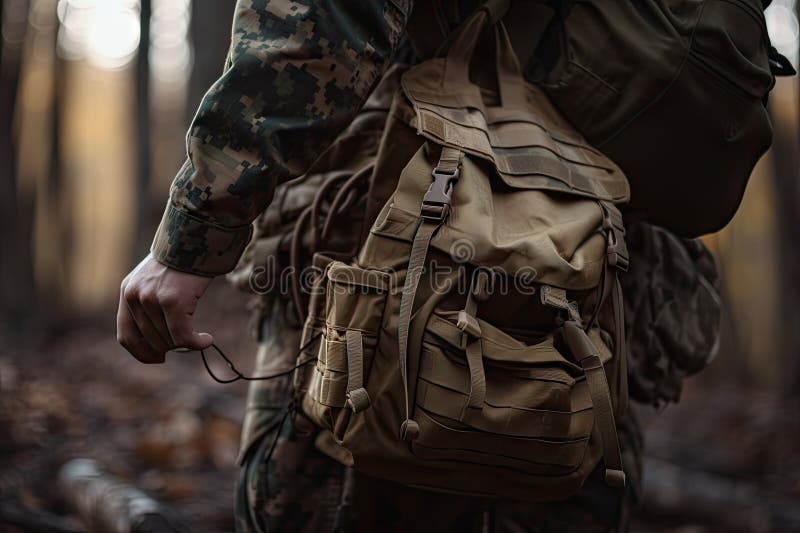 Military Backpack in the Hands of Soldier, Ready To Go into Battle ...
