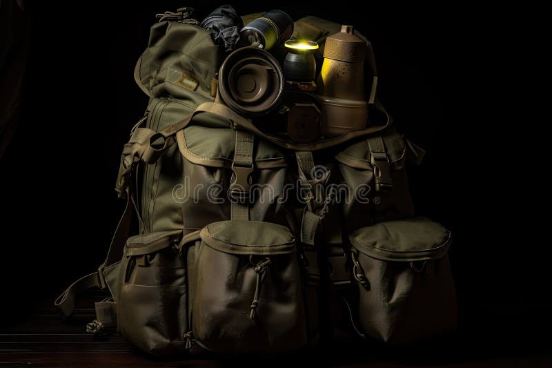 Military Backpack with a Hanging Flashlight and Binoculars on the Flap ...